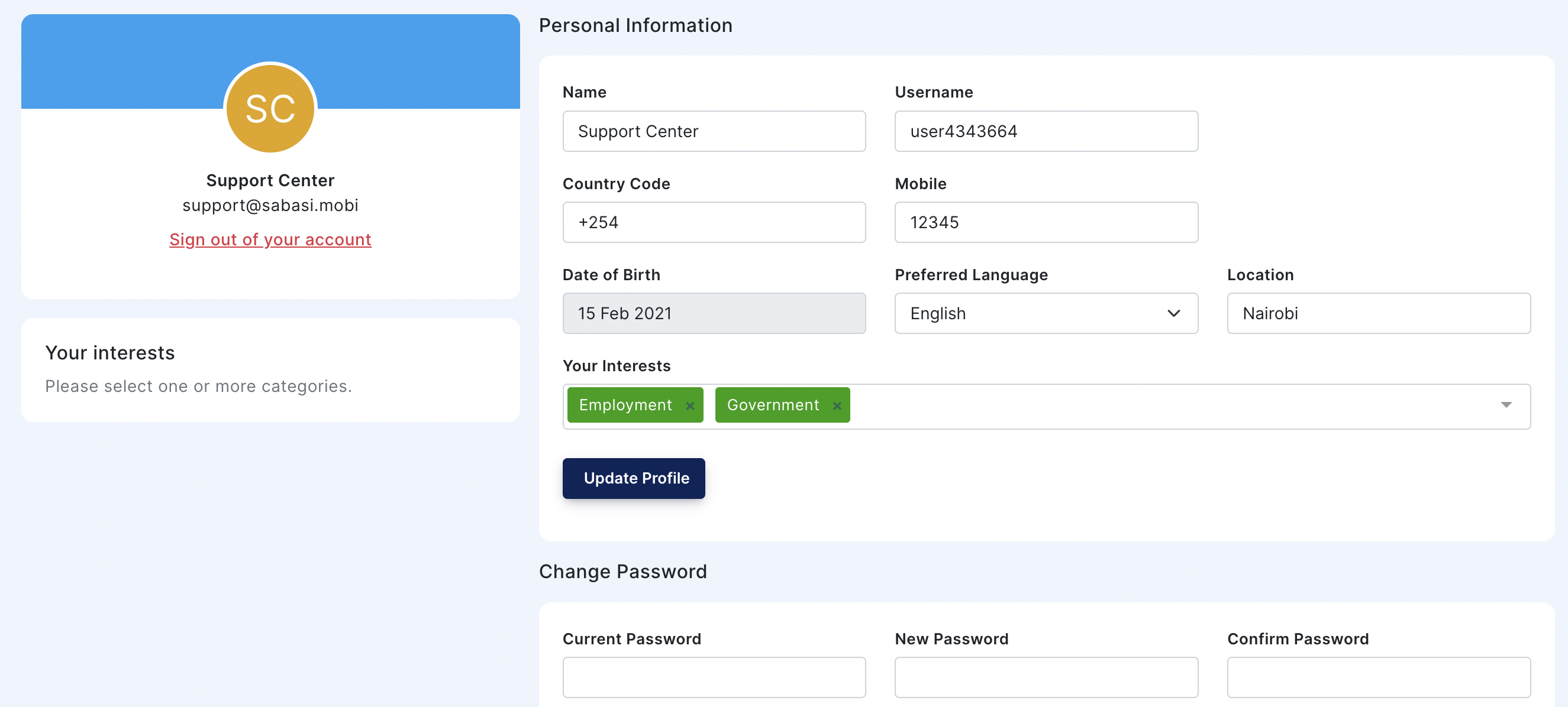 Profile management – Sabasi Support