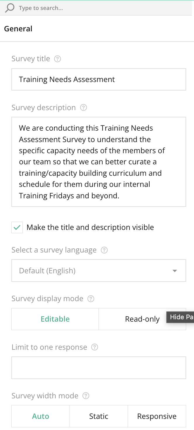 Survey Creator – Right panel – Survey Layout -General Survey Settings ...