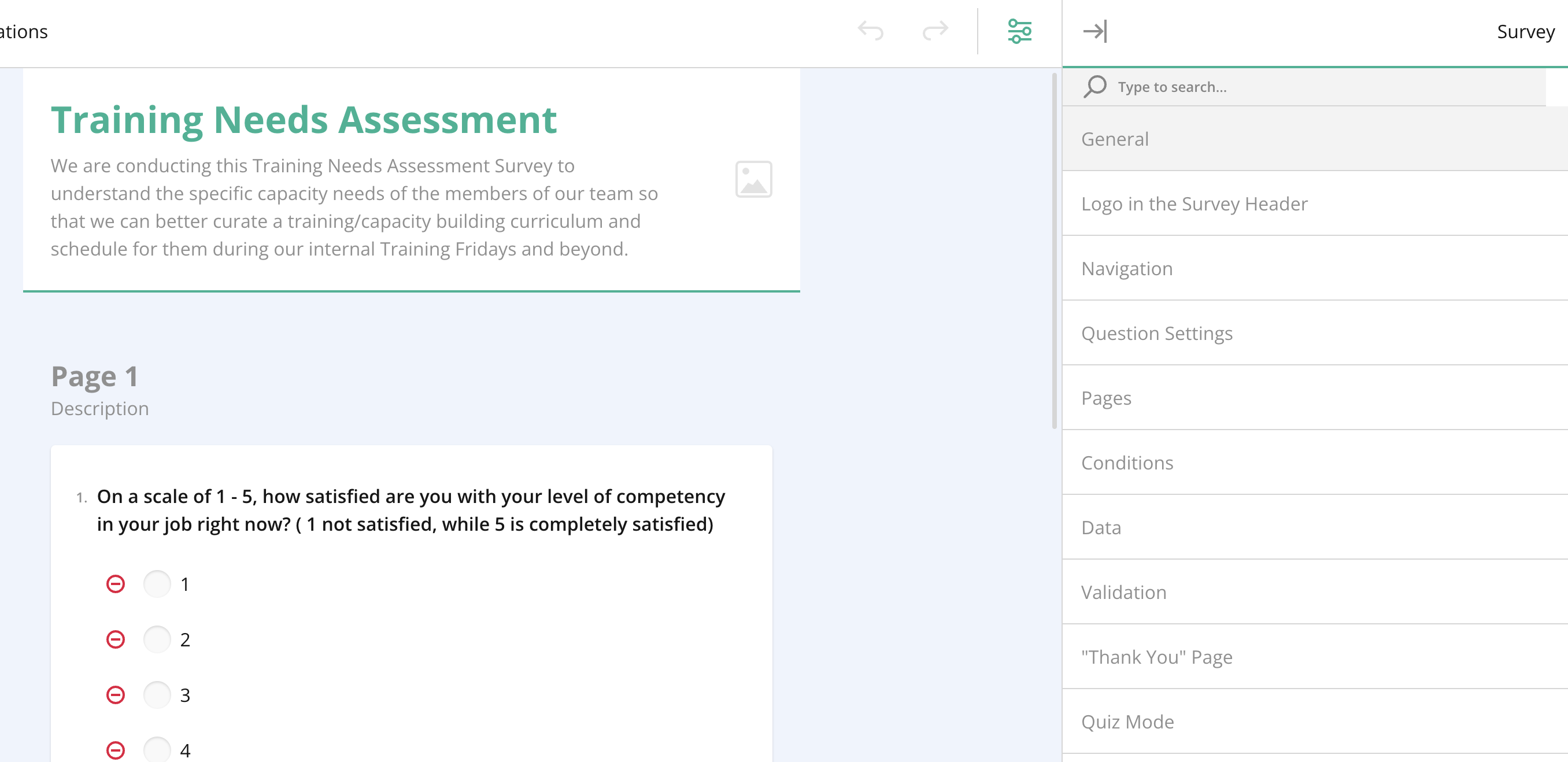 Survey Creator – Right panel – Survey Layout -General Survey Settings ...
